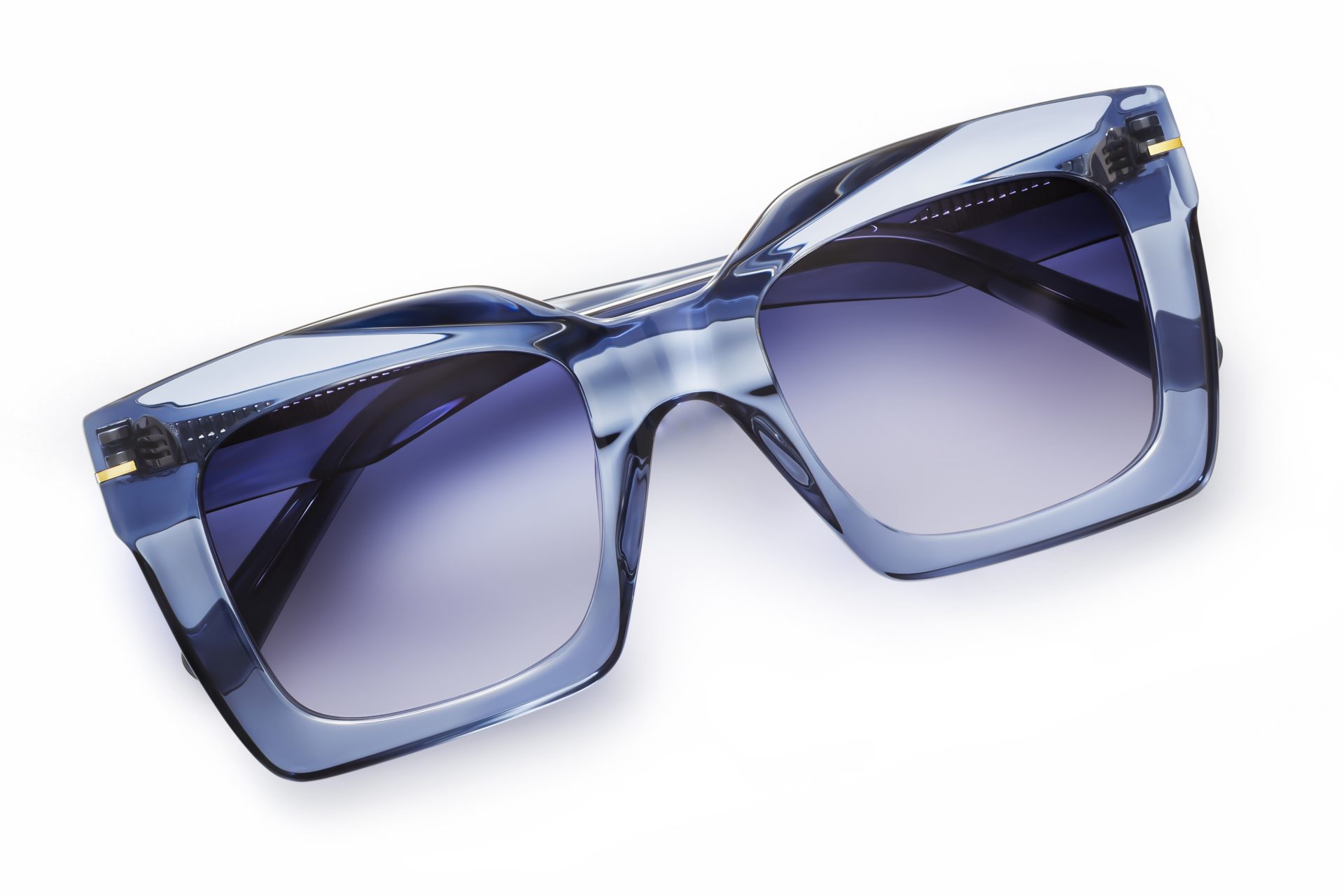 Sunglasses in blue bright color in transparent plastic. Eyewear top ...